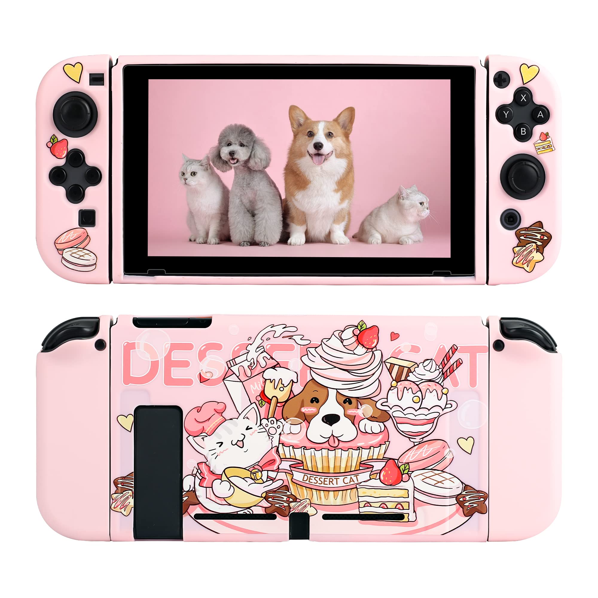 Cute Case for Nintendo Switch, FANPL Soft TPU Protective Cover Compatible with Switch Console and Joy Con Controller, Pink Dockable Shell, Kawaii Switch Skin Accessories - Dessert Cat & Dog Pattern