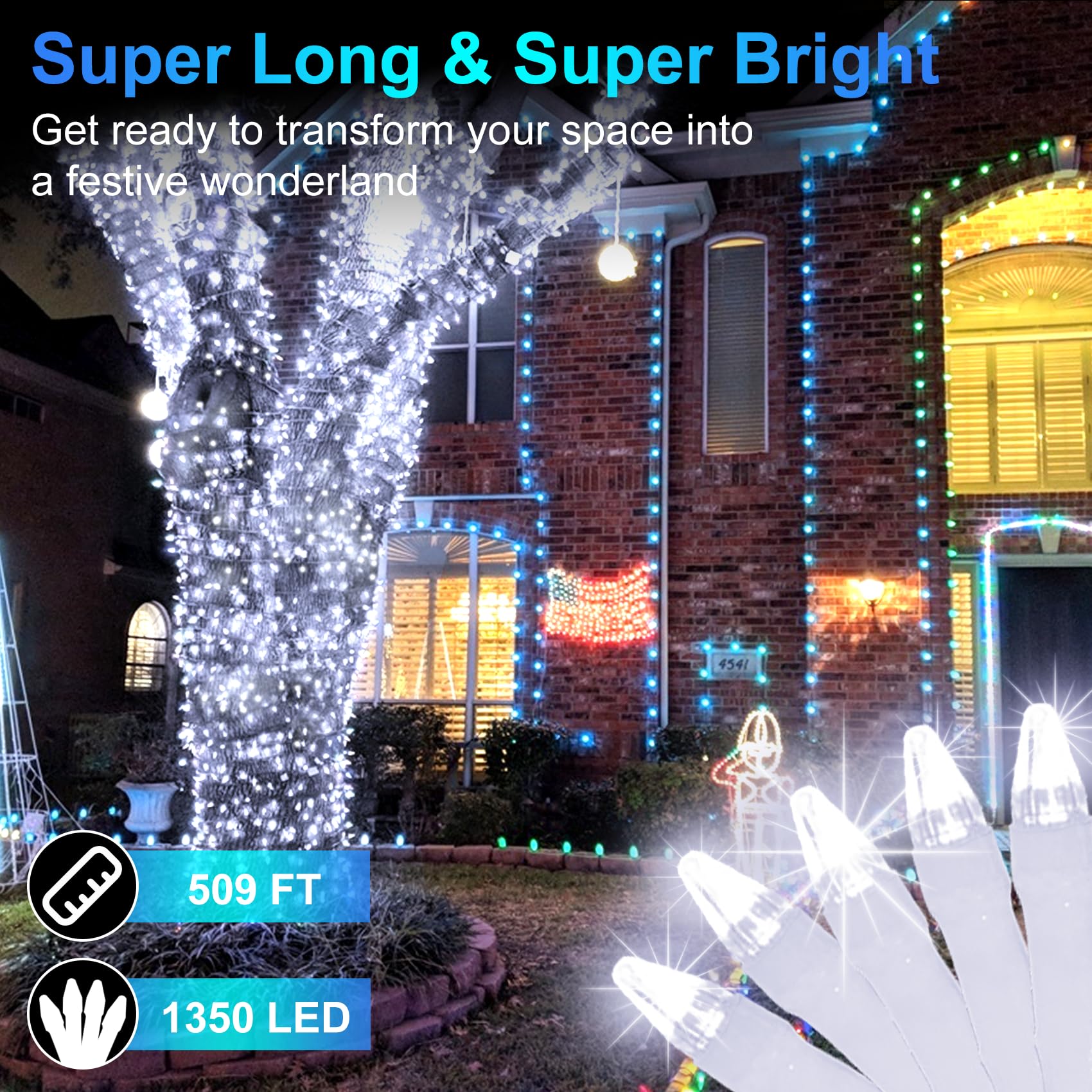 509FT Christmas Lights Outdoor 1350 LED Christmas Tree Decorations Lights with 8 Modes & Timer Memory, Plug In Clear Wire Waterproof LED Xmas Lights for Yard Trees Wedding Party Holiday (Cool White)