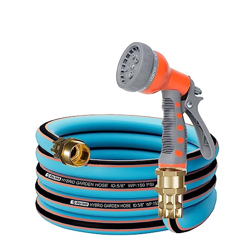 Kitys Fatch Upgraded Kink Free Hybrid Garden Hose 10ft 5/8", Thickened Heavy Duty Water Hose with Brass Solid Connector,Lightweight Flexible Tough Rubber Hose with Nozzle,Durable Yard Outdoor Hose
