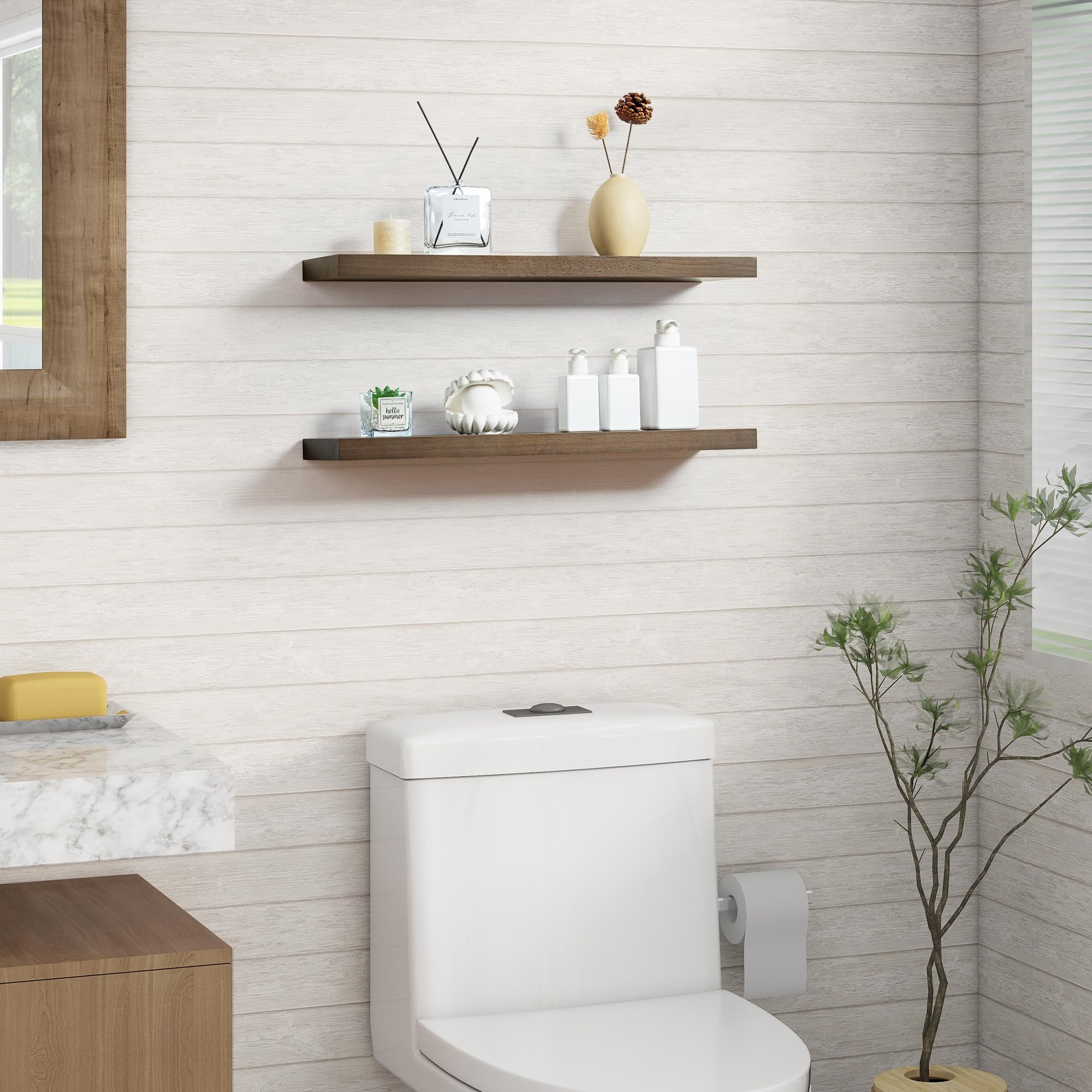 Fun Memories 48 Inch Floating Shelves Wall Mounted, Solid Hardwood Wall Shelves 48 in, Rustic Natural Wood Floating Shelf for Bathroom, Kitchen, Living Room, Mahogany Color