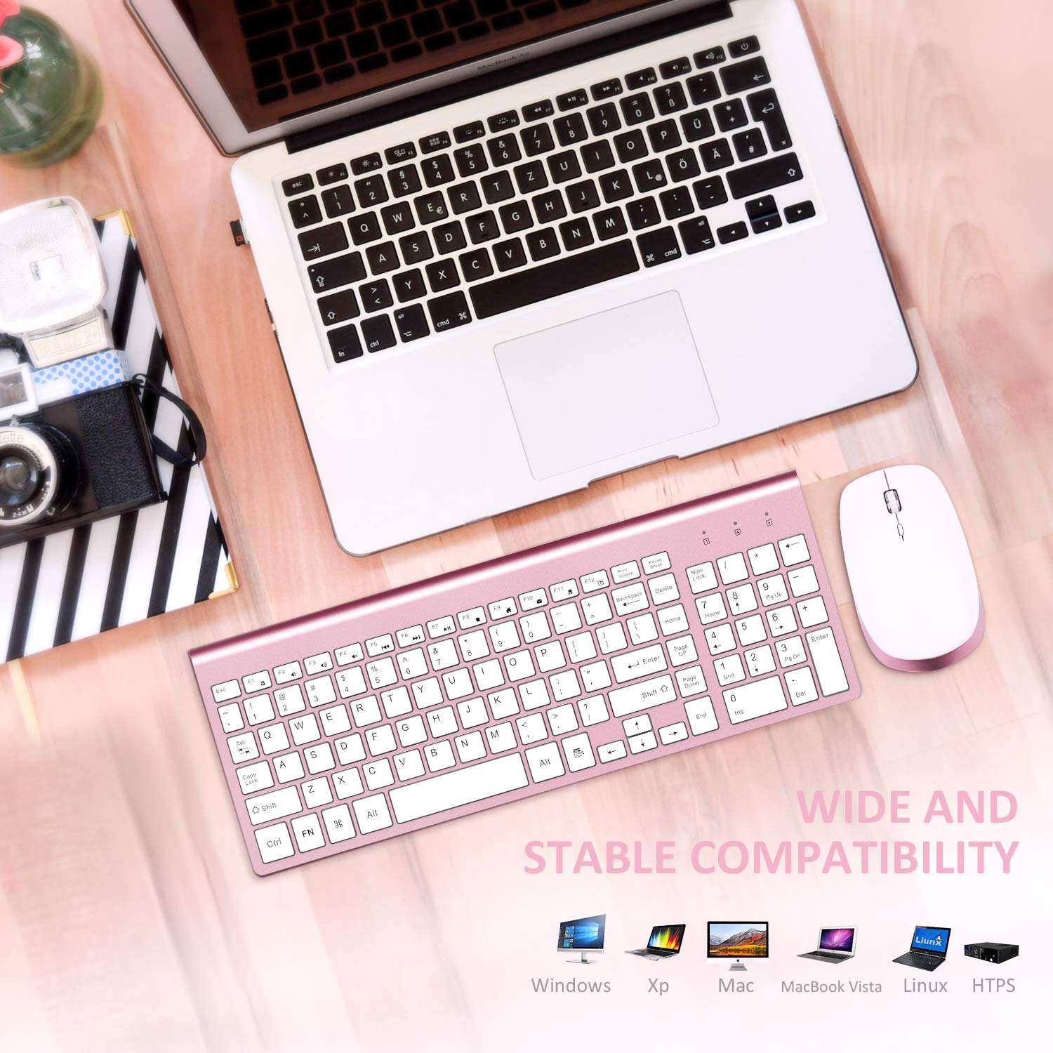 Wireless Keyboard and Mouse, FENIFOX Full-Size Whisper-Quiet Compact Compatible with Mac PC Laptop Tablet Notebook Windows - Rose Gold Pink