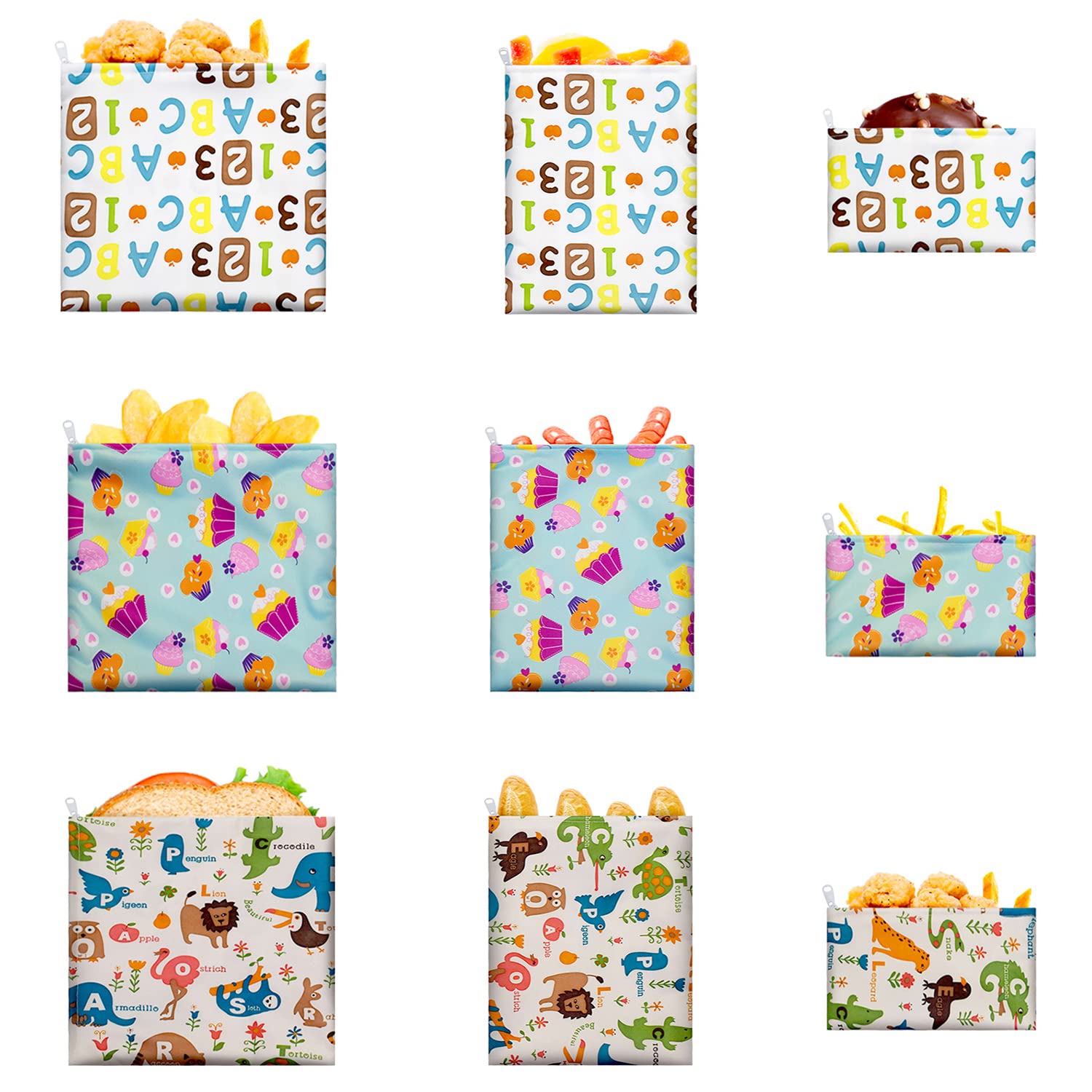 9 Pcs Reusable Sandwich Bags,Washable Cartoon Snack Bags with Zipper 3 Sizes Lunch Baggies Food Storage Cute Snack Pouch for Kids(Multi 2)
