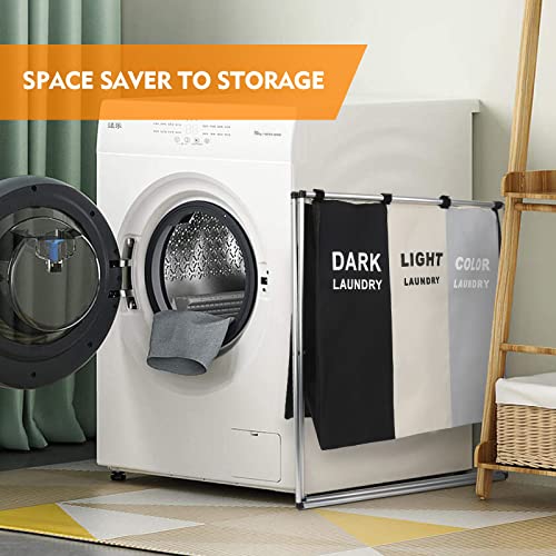 Laundry Cloth Hamper Sorter Basket Bin Foldable 3 Sections with Aluminum Frame Washing Storage Dirty Clothes Bag for Bathroom Bedroom Home Storage Basket (Black+Gray+Coffee, 3 Liner)
