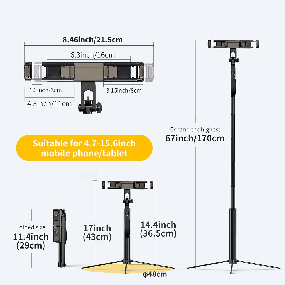 67'' Bluetooth Selfie Stick Phone Tripod, Extendable Travel Tripod Stand with Remote & 360° Rotation Phone Holder for Android iPhone Selfies, Video Recording, Vlogging, Live Streaming