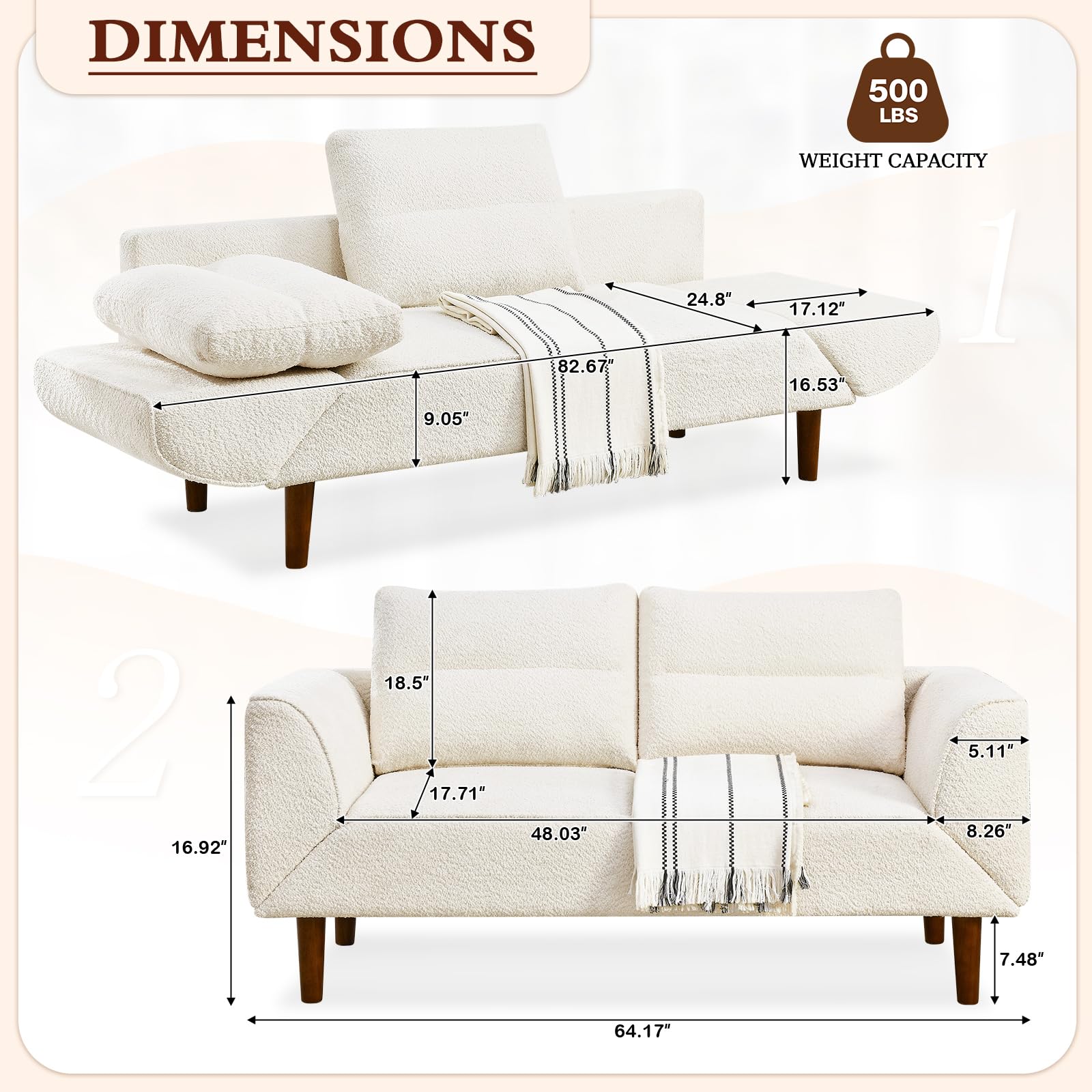 Antetek Loveseat Sofa with Adjustable Armrests, 64β Modern Futon Sleeper Sofa Bed w/Wooden Leg, Textured Boucle Comfy Love Seat Couches for Small Space, Livingroom, Apartment, Beige