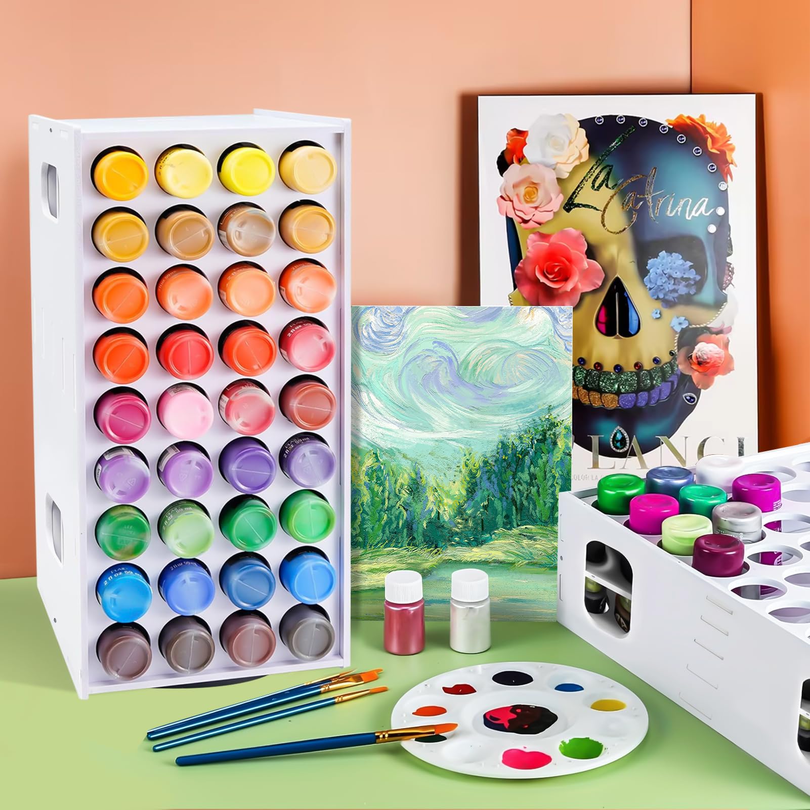 Acrylic Paint Organizer, 2 oz Craft Paint Holder Rack with 72 Holes, 360° Spining Craft Paint Storage Organizer Tower for Apple Barrel, Folkart Desk Organizer