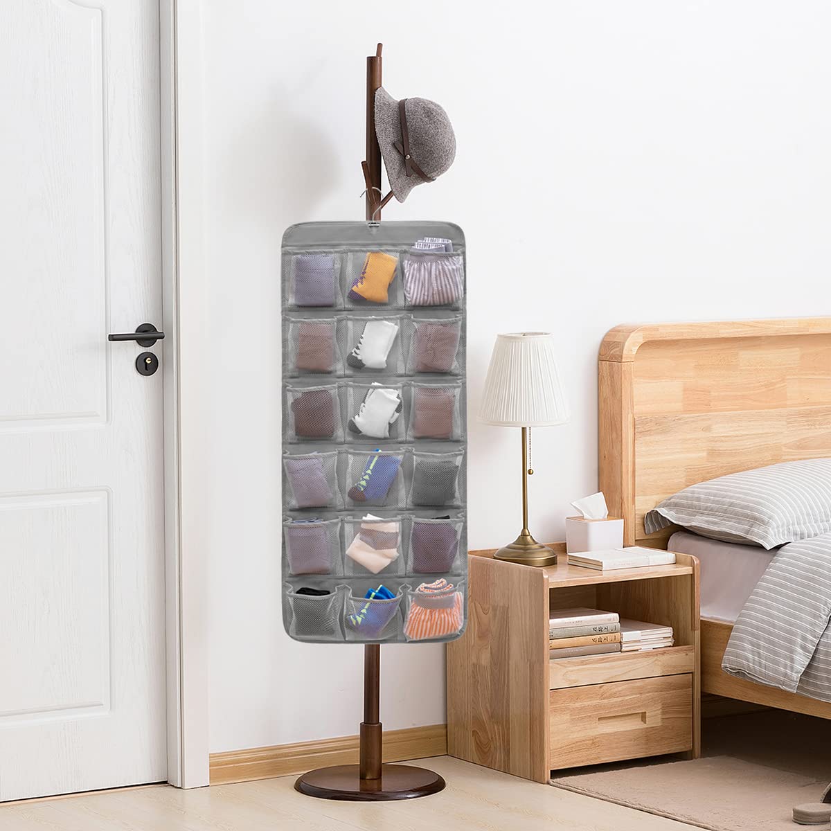 ANZORG Dual-Sided Hanging Closet Organizer for Socks Underwear Bra Kids Storage Organizer for Baby Clothes Toddler Shoes with 26 Pockets (Grey-Mesh Pockets)