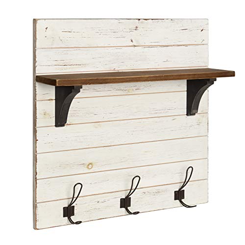 Kate and Laurel Jeran Farmhouse Distressed Shiplap Wood Wall Shelf with 3 Hooks, White