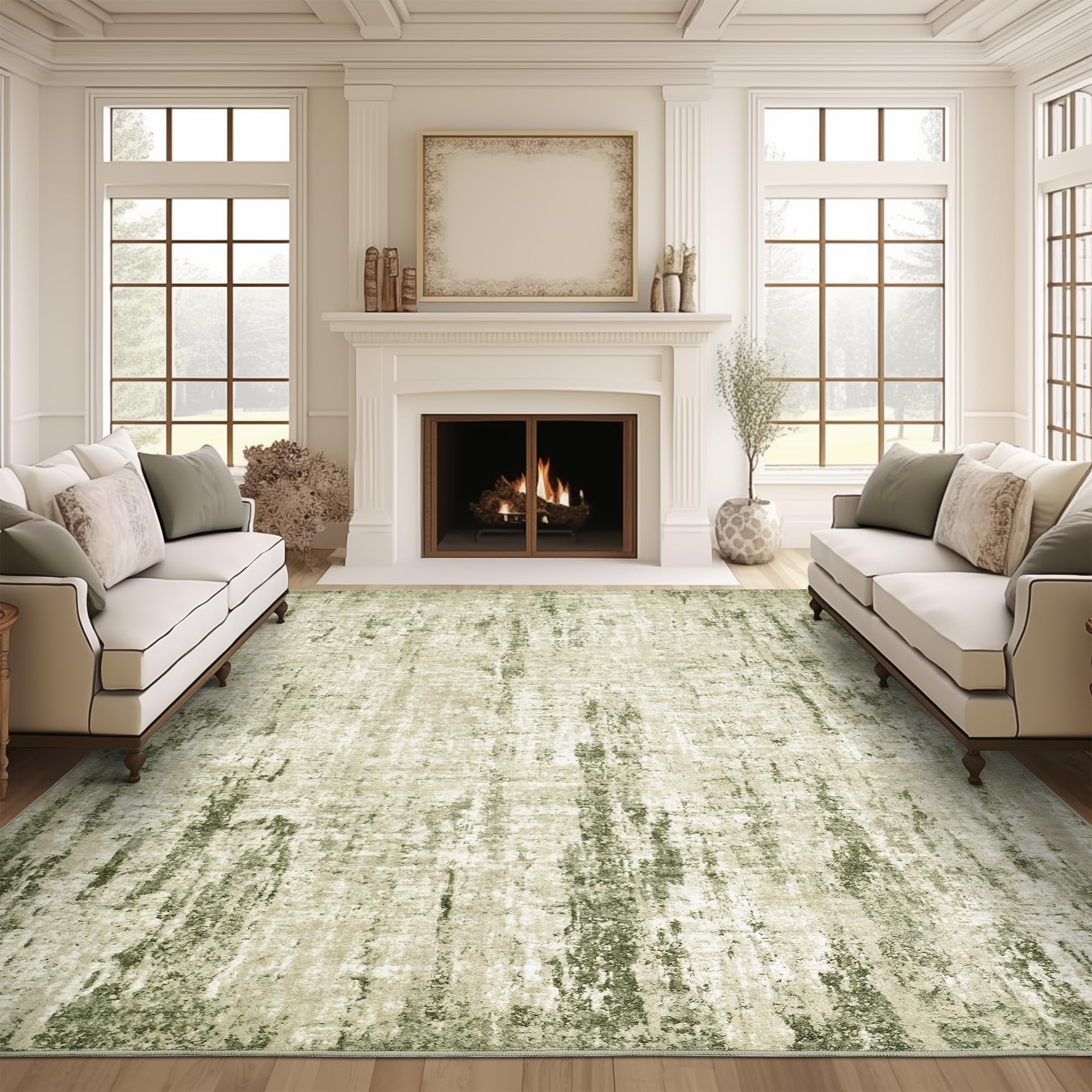 Valenrug Washable Rug - Stain Resistant Area Rugs for Living Room, Non Slip Backing Printed Rugs for Bedroom, Folable Machine Washable Area Rug(Green,8'x10')
