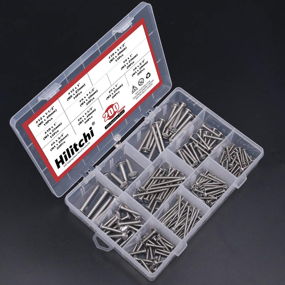 Hilitchi 304 Stainless Steel Hex Washer Head and Phillips Truss Head Self Drilling Sheet Metal Tek Screws Assortment Kit (Phillips Truss Head)