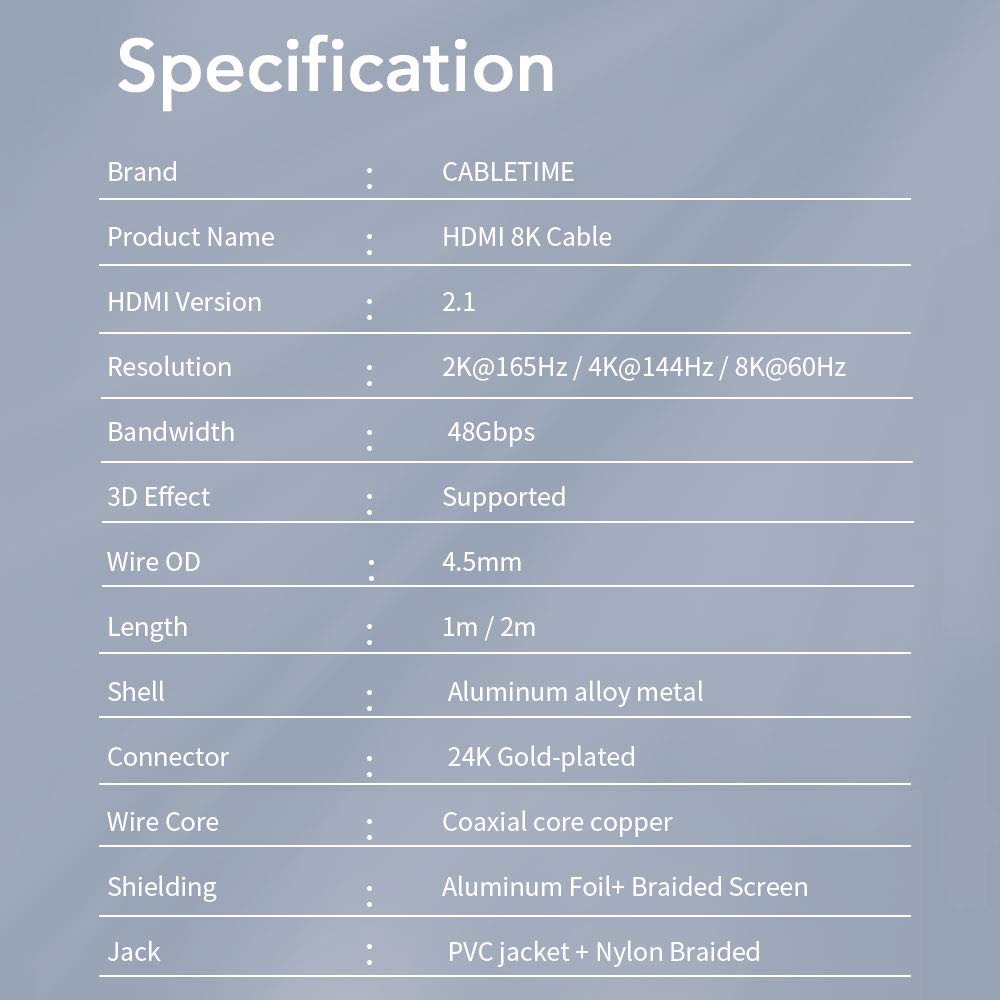 Cabletime 8K HDMI Ultra HD High Speed 60Hz 4K@144Hz and HDR Support 48Gbps Cable Compatible with Apple TV Roku Netflix PS4 Pro Wii Xbox One X Samsung Sony LG (1M/3.3FT)