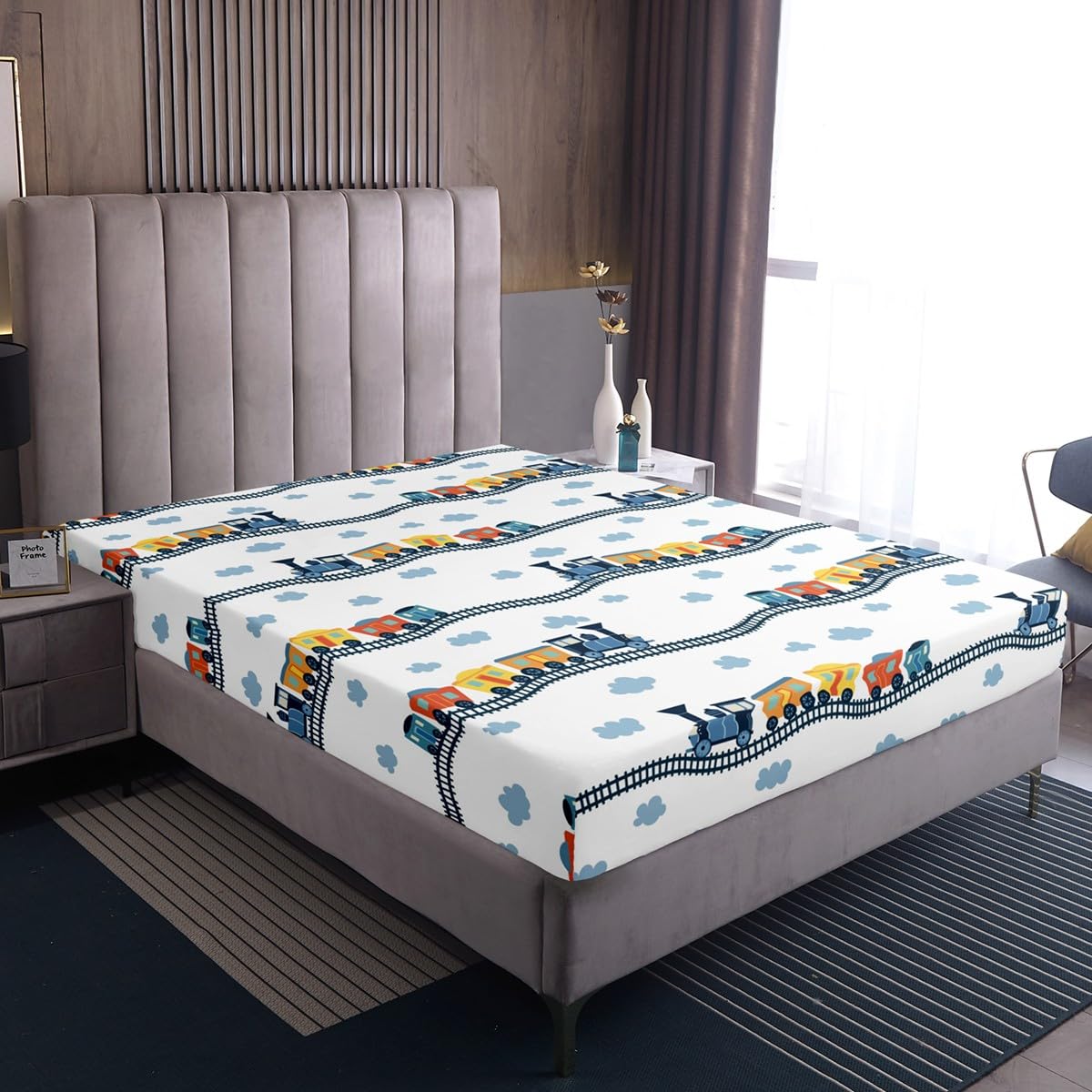 Erosebridal Kids Train Bed Sheets for Boys Girls Cartoon Car Twin Size Sheet Sets Steam Engine Sheets Railway Vehicles Sheet & Pillowcase Sets Transportation Truck Fitted Sheet with 1 Pillow Sham