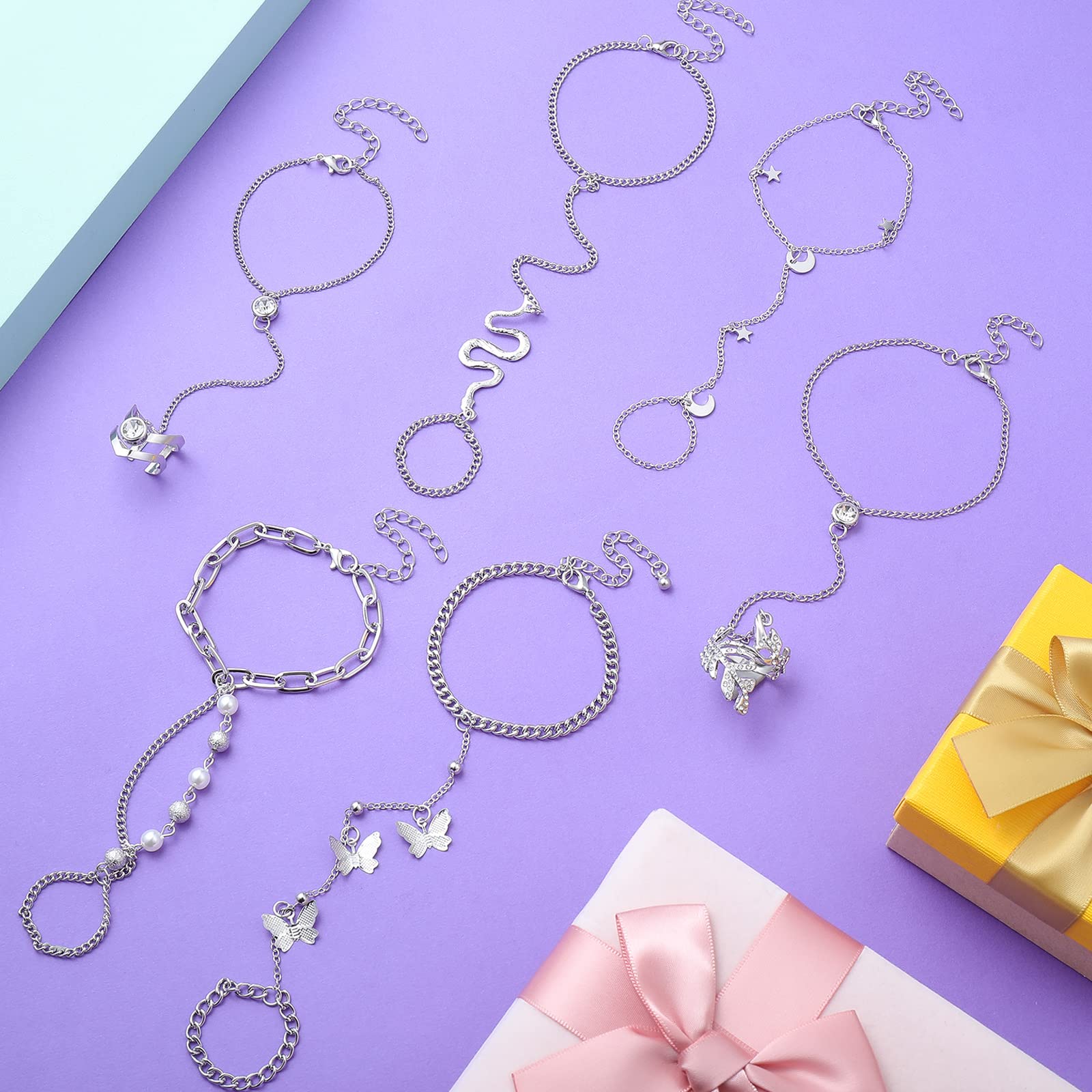 6 Pieces Finger Ring Bracelet Linked Rhinestone Hand Harness Chain Slave Bracelet with Ring Everyday Jewelry for Women Girls (Simple)