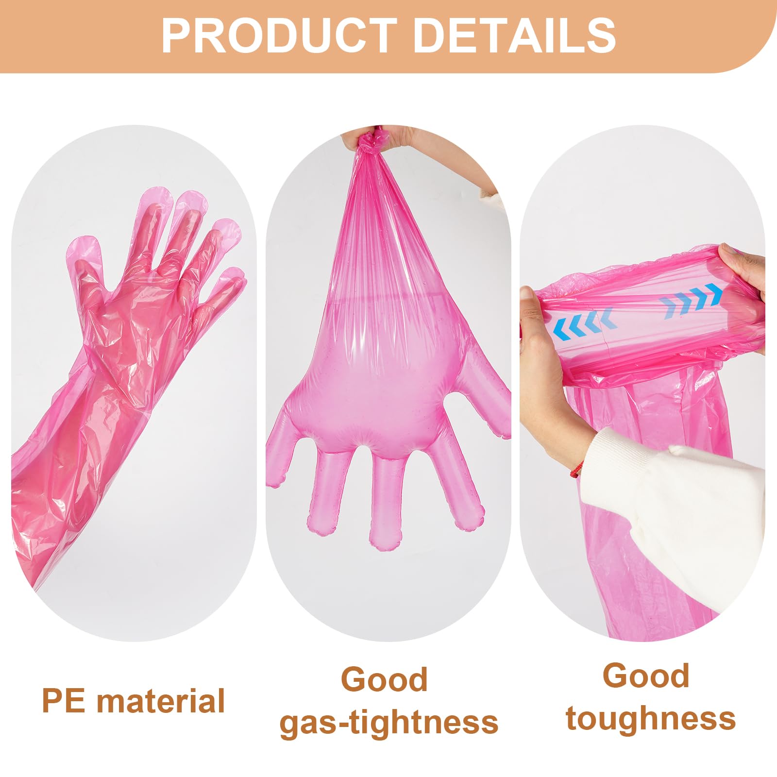 50pcs Disposable Long Plastic Gloves Full Arm Long Sleeve Gloves Veterinary Field Dressing Gloves Extra Long Sleeve Gloves for Veterinary Insemination House Cleaning Gardening(pink)