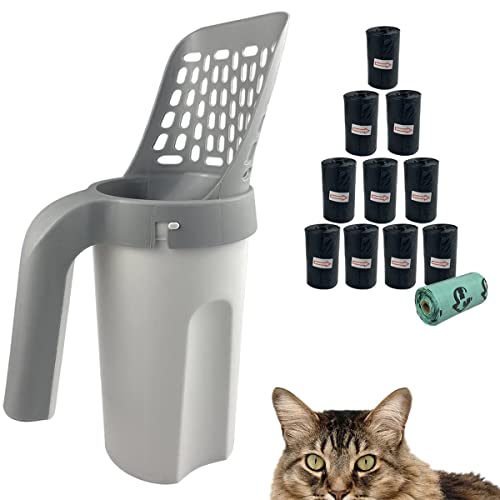 Cat Litter Scoop,Cat Litter Scooper with Trash Container,Removable Cat Litter Scoop Holder，Portable Litter Scooper with Holder Provides 215 Garbage Bags，Cat Scooper&Cat Litter Disposal System In 1