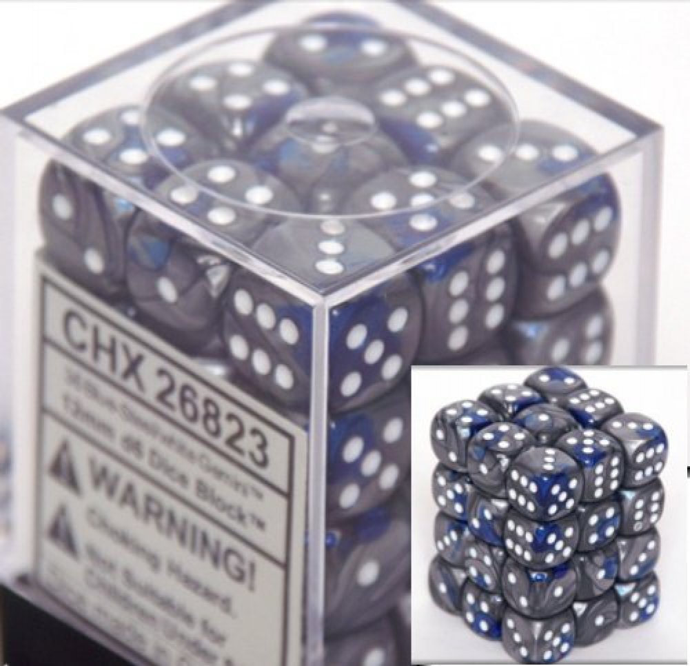 Chessex Dice d6 Sets: Gemini Blue & Steel with White - 12mm Six Sided Die (36) Block of Dice