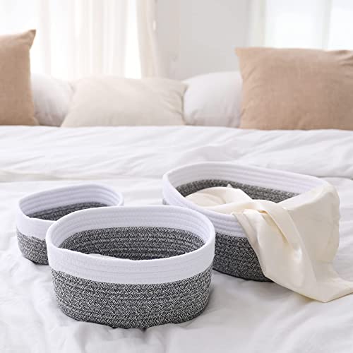LA JOLIE MUSE Rope Storage Baskets for Organizing, Multipurpose Collapse Storage Basket Set of 3, Medium Cotton Basket Bins for Shelves Nursery Baby Toys, White & Gray