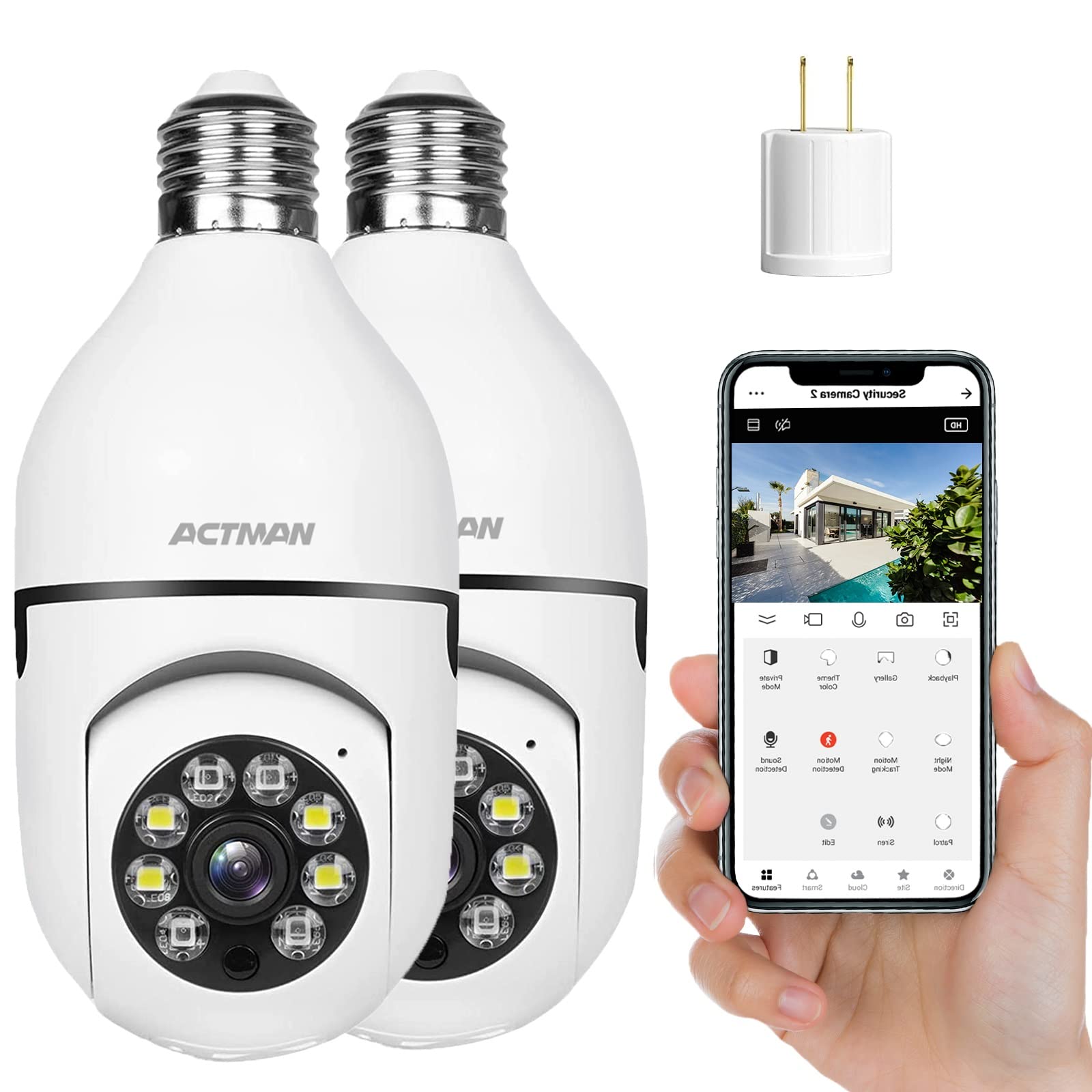 ACTMAN 2PCS 1080p Light Socket Security Camera Outdoor,2.4G WiFi Light B ulb Security Camera,WiFi Camera Outdoor,360 Degree Panoramic Camera,Motion Tracking, Color Night Vision Two-Way Dialogue.