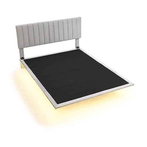 ATY Queen Size Platform Bed with LED Lights & Headboard, Modern Upholstered Floating Bedframe for Bedroom, Guestroom, Noise Free Design& No Spring Needed, Gray