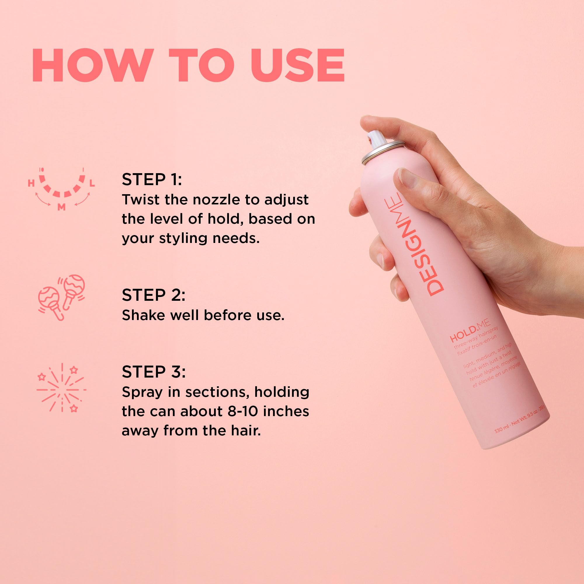 HOLD.ME Three-Way Hairspray by DESIGNME | Hairspray with Light, Medium, & High Hold Options | Extra Hold Hair Spray with Thermal Protectors & Vitamin B5 | Scented Hair Setting Spray, (9.5 Oz)