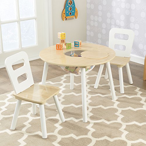KidKraft Wooden Round Table & 2 Chair Set with Center Mesh Storage - Natural & White, Gift for Ages 3-6 23.5 x 23.5 x 17.3