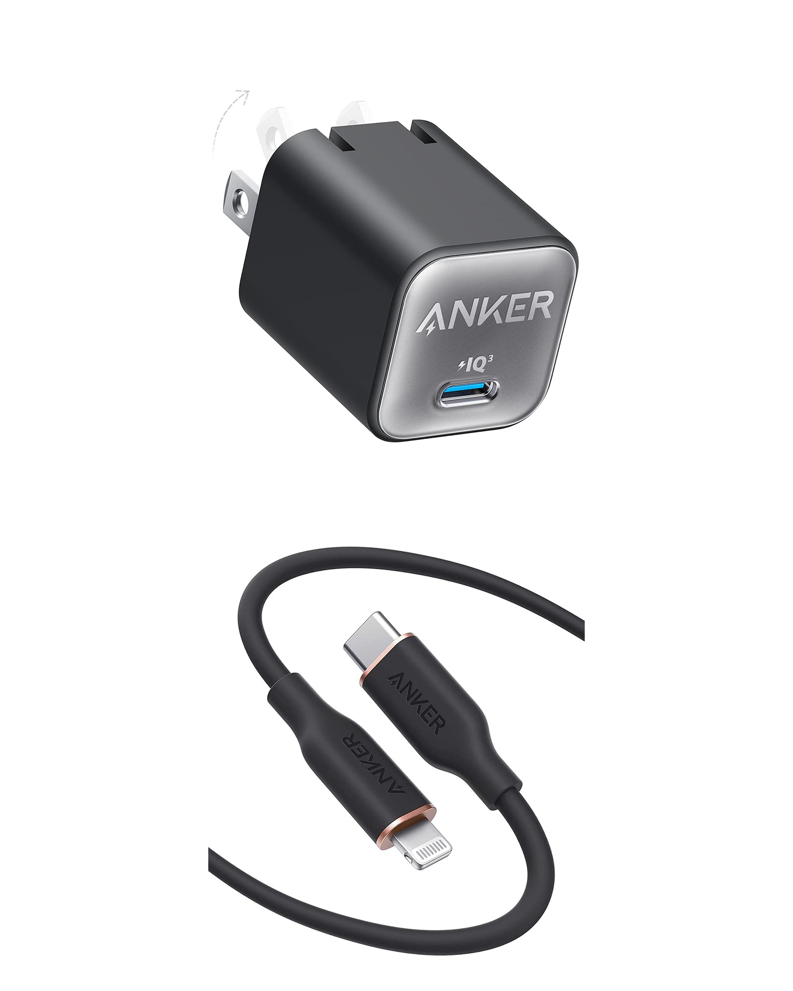 Anker USB-C to Lightning Cable, 641 Cable (6ft), MFi Certified, Powerline III Flow Silicone Fast Charging Cable & Anker USB C GaN Charger 30W, 511 Charger (Nano 3), PIQ 3.0 Foldable PPS Fast Charger(B