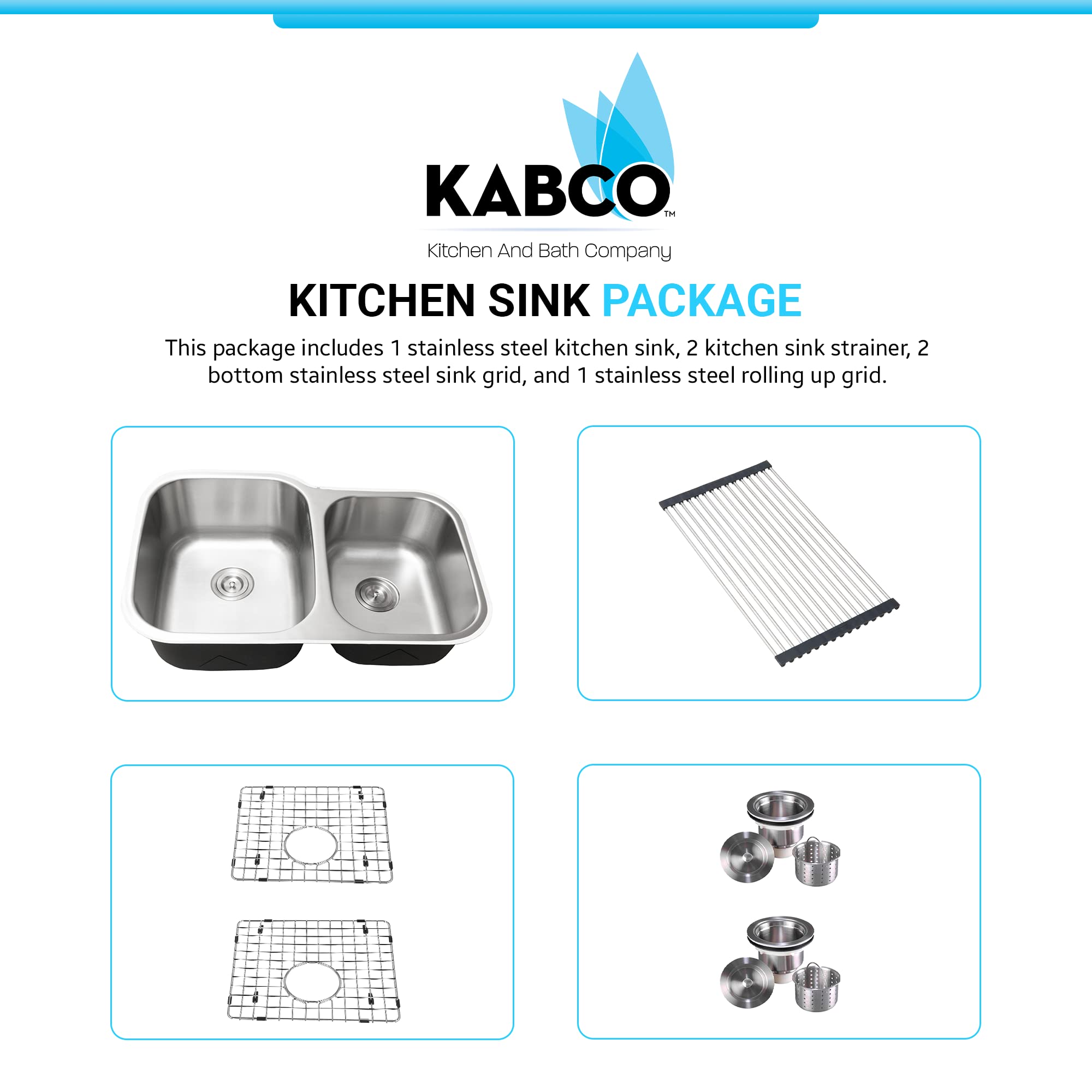 KABCO 32 Inch Big Double Unequal Bowl Stainless Steel Classic Kitchen Sink, Rust Resistant, Sound and Heat Proof 18 Gauge Undermount Sink with Sink Strainers, Sink Grids and rolling up grid
