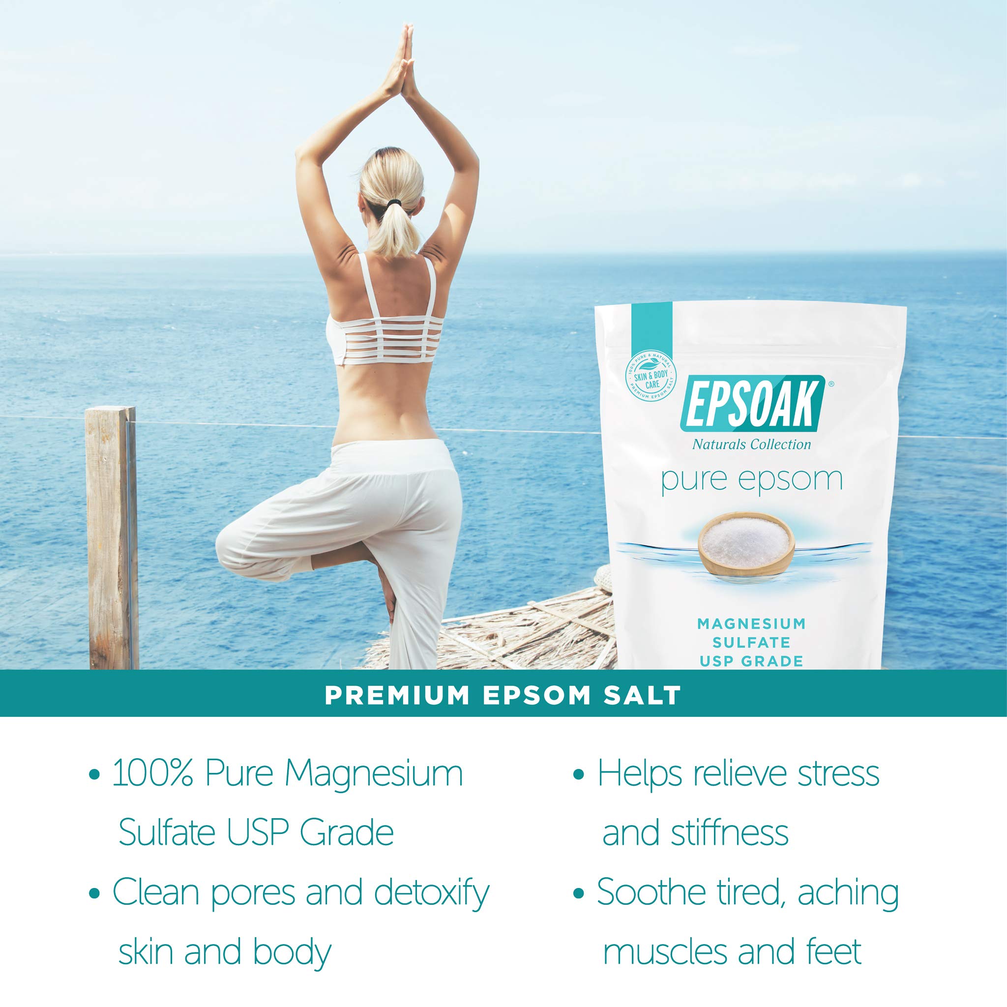 Epsoak Epsom Salt 2 lb. Magnesium Sulfate USP. (Qty. 1 x 2lb. Bags) Resealable Epsom Salt Bulk Bags Unscented, Made in The USA, Cruelty-Free Certified