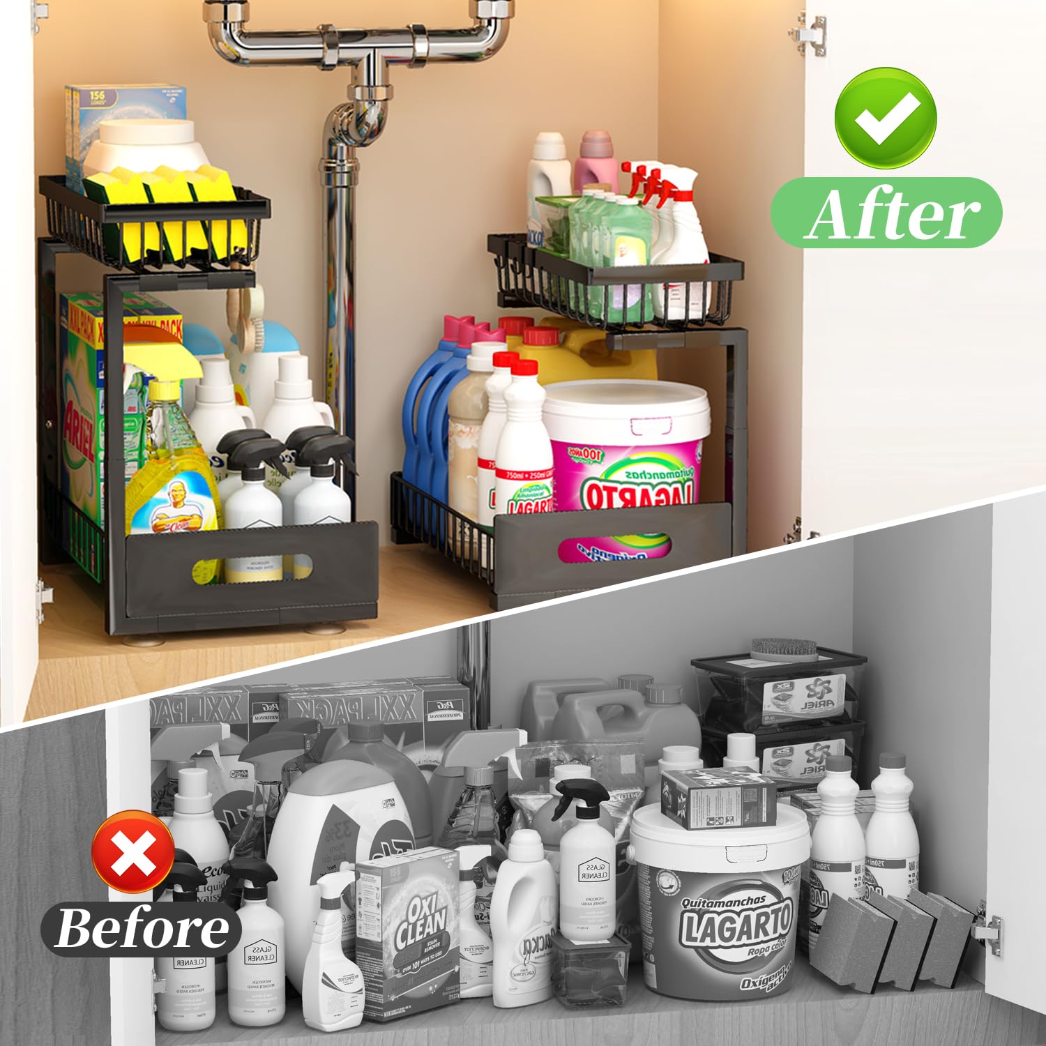 ADBIU Under Sink Organizer(10 Seconds Installation), 2 Packs 2 Tier Expandable Height (11" - 16") Under-Sink Organizers Slide out Pull out Bathroom Kitchen Organizers And Storage
