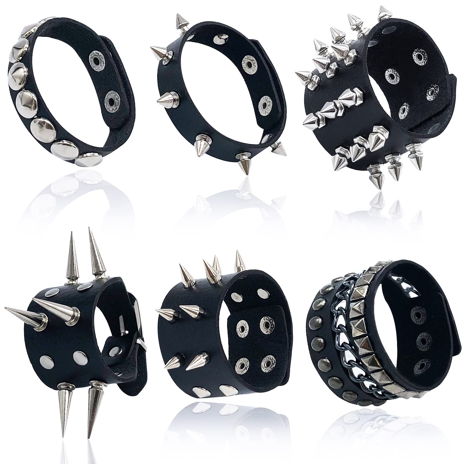 6 Pieces Punk Studded Bracelet Goth Bracelet Leather Rivets Spike Bracelet Cuff Adjustable Metal Wristband Gothic Accessories for Men Women Halloween