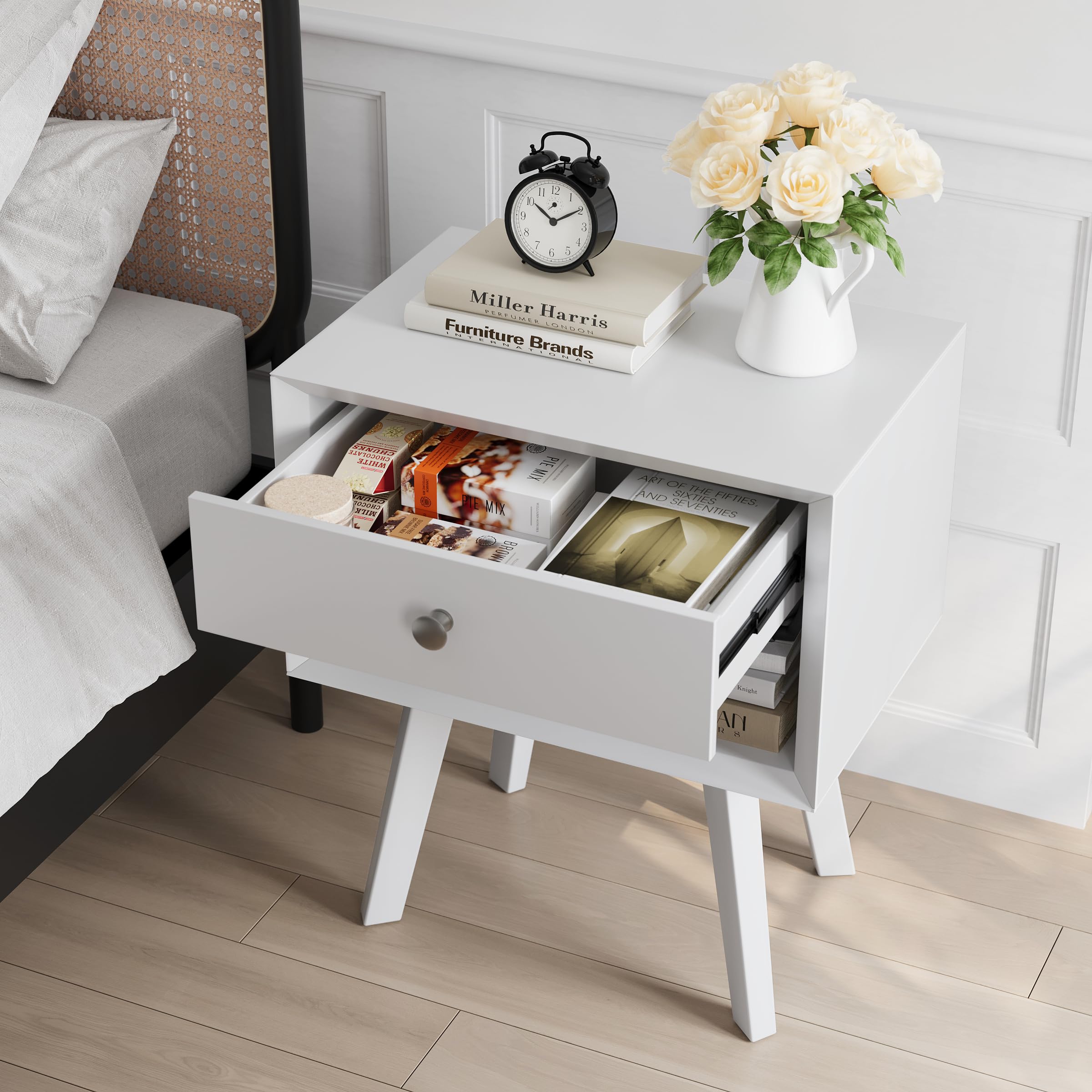 Smart FENDEE White Night Stand with Drawer, Side Table for Small Places, Mid Century Modern Nightstands with Solid Wood Legs, Beside Tables for Bedroom, 23.6" Tall