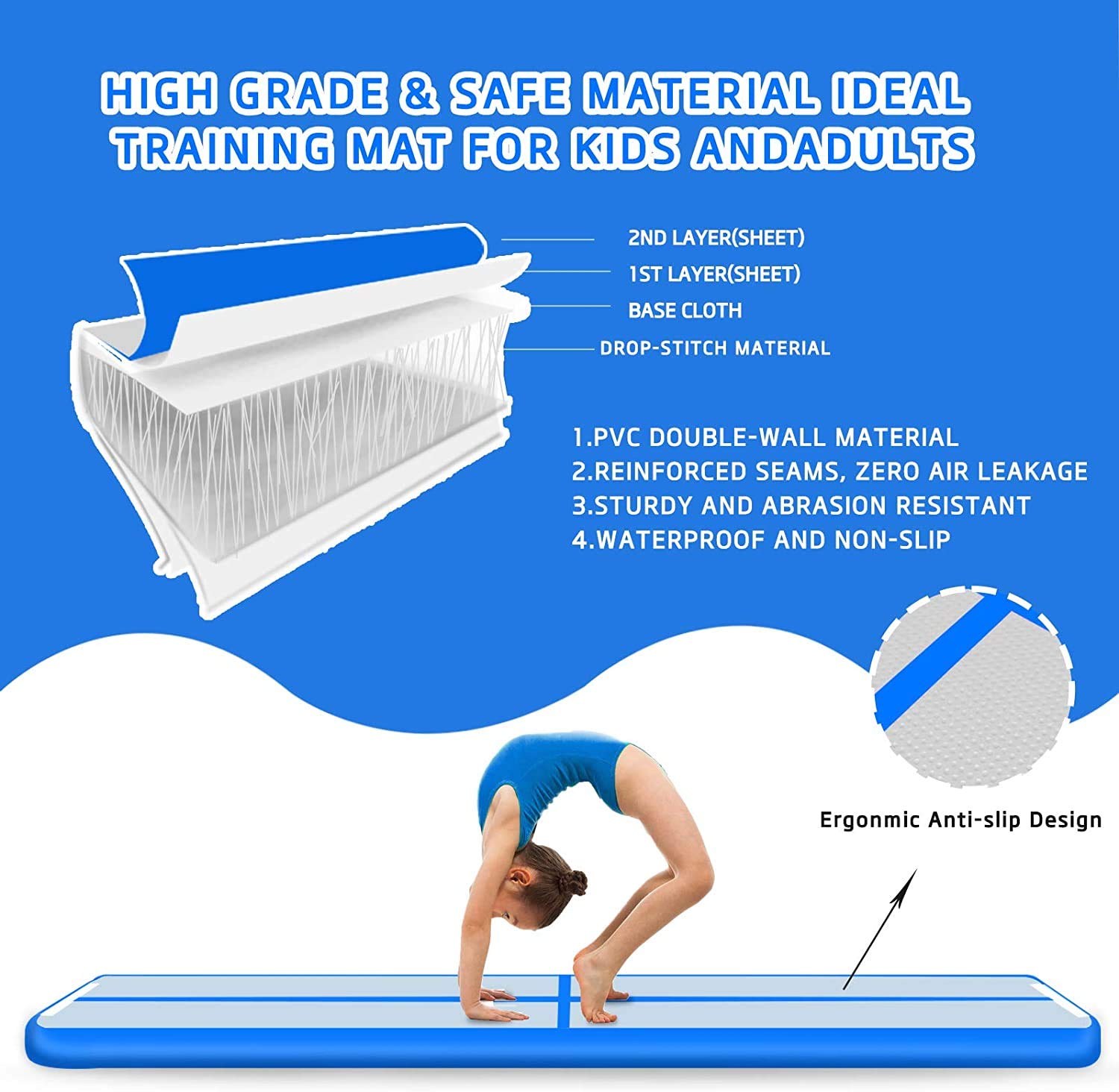 Air Gymnastics Mat Training Mats 10ft/13ft/16ft/20ft Gymnastics Tracks for Home Use/Training (Blue)