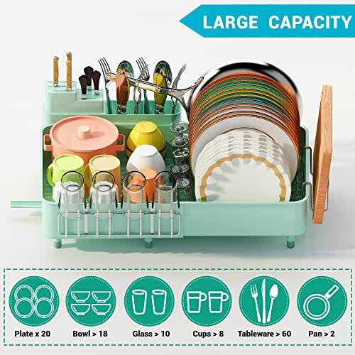 ADBIU Large Dish Drying Rack with Drainboard Set(12.8" - 20") Expandable Compact Dish Drainer, 1 Piece Cyan