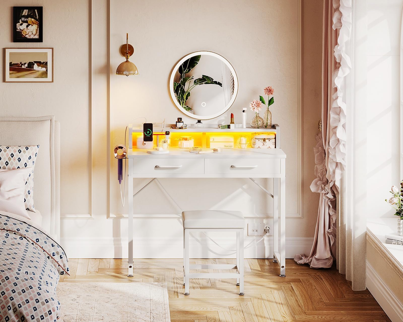 AODK Vanity Desk with Vanity Chair, Makeup Vanity with LED Lights, White Small Vanity Desk Without Mirror, 32 Inch Makeup Table for Small Space with 2 Fabric Drawers, Desk Make Up Vanity for Girls