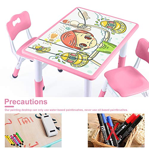 Kids Study Table and Chair Set with 2 Seats Height Adjustable Childrenās Painting Drawing Desk Easy to Clean Assemble Max Load-Bearing 330lb Plastic Toddler Table and Chair Set for School Home Pink