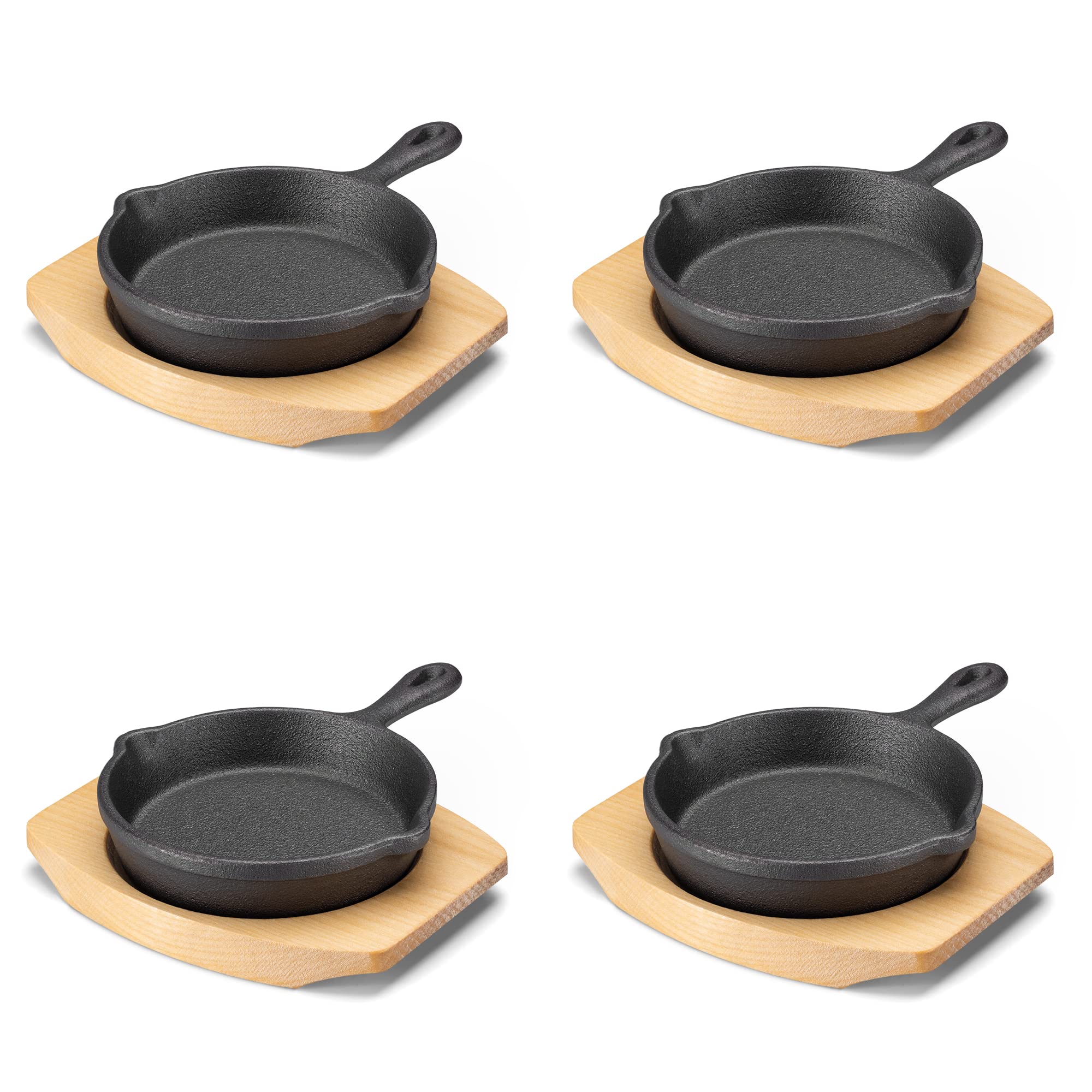 Navaris Mini Cast Iron Skillet with Wooden Base (Set of 4) - Cast Iron Frying Pan Mini Skillet with Protective Wood Base - Heavy Duty Metal Skillet Weighing 426g