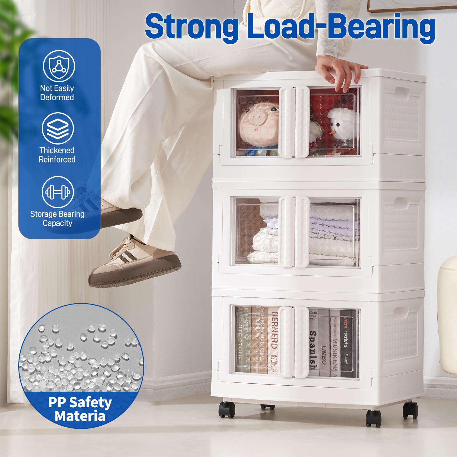 Fangtueh 140 QT Storage Bins with Lids, Stackable Storage Bins with Wheels, Plastic Collapsible Storage Bins, Foldable Storage Cabinet Containers with Doors for Closet Dorm Garage Organizers, White