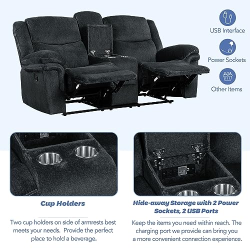 FULife Oversized Manual Motion Recliner 2 Seaters Sofa Wall Hugger Chair Double Reclining Sectional Couch Loveseat Lounge Sofá with USB Ports,Power Sockets,Center Storage Console&Cup Holders