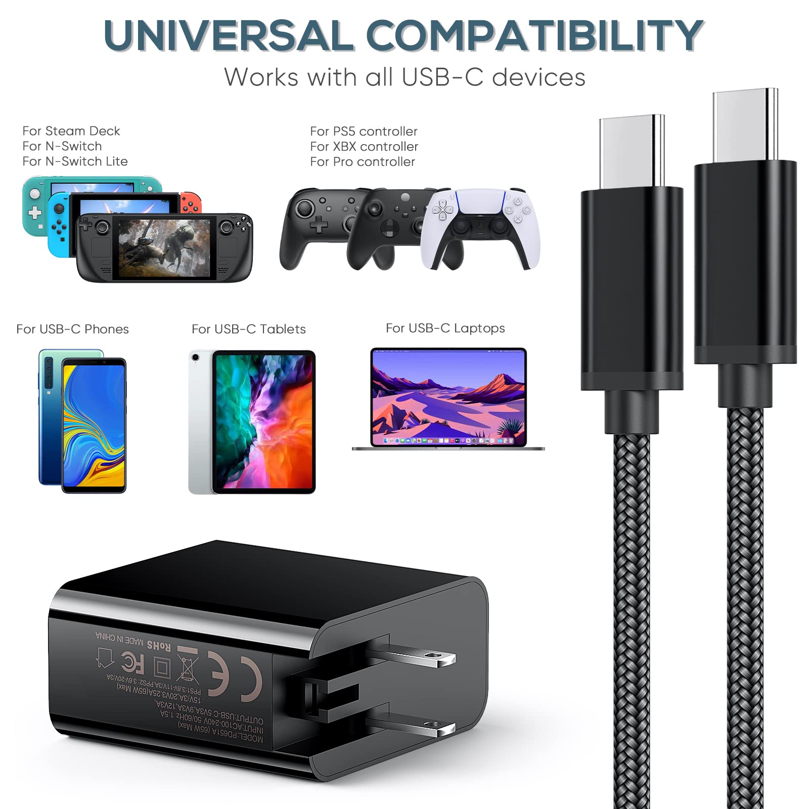 65W 45W Fast Charger for Steam Deck, AC Adapter Power Adapter Travel Wall Charger with Charging Cable, USB C to C PD Adapter for Switch/Laptop/Tablet/Phone/for PS5/ Xbox Series Controller Charger