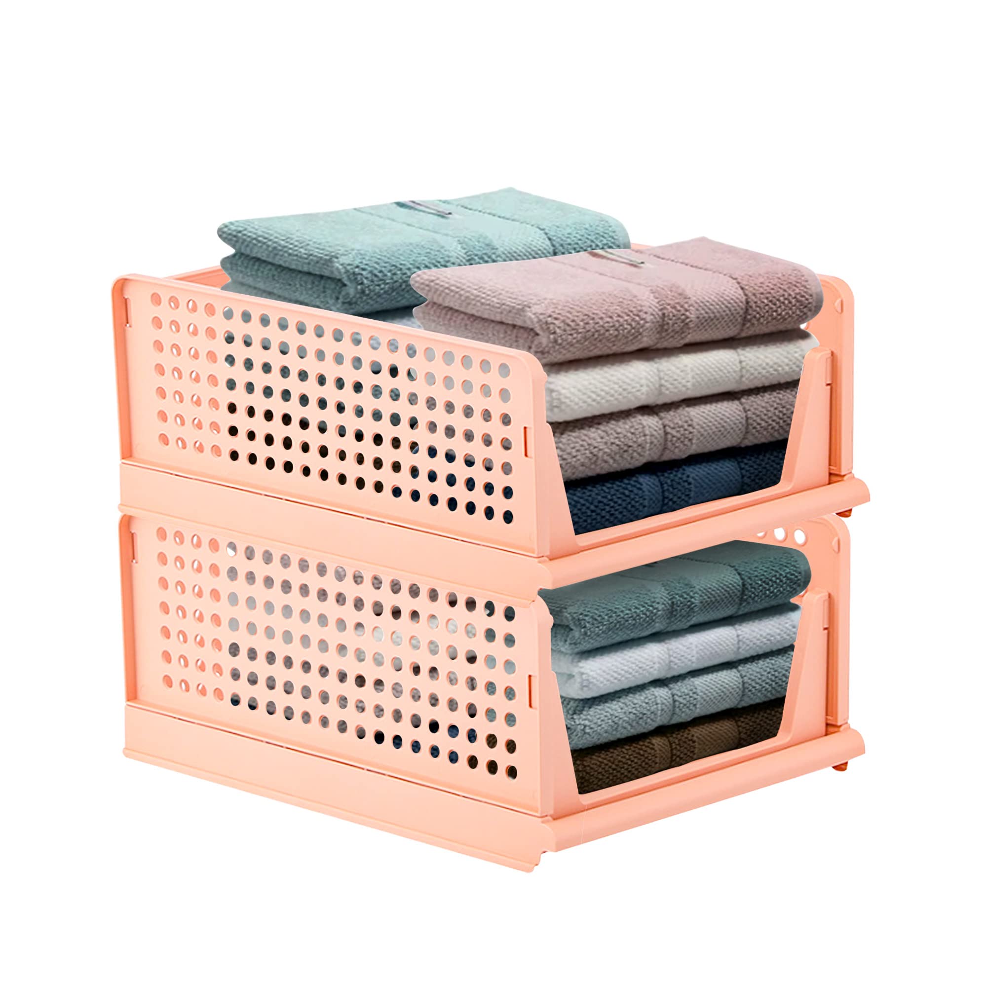 CYOIDAI Gywinovo souG 2 Pack (17x 13.2 x 7.3 inch) Stackable Plastic Storage Basket-Foldable Closet Organizers Storage Bins, Perfect for Kitchen, Office, Bedroom & Bathrooms(Pink)
