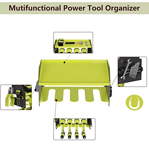 Drill Storage Rack,Power Tool Organizer Drill Holder Wall Mount, Drill Organizer for Garage, Workshop,Drill Bit Storage Shlef, Holds 4 Drills with Screws Box (Green-2 Layer)