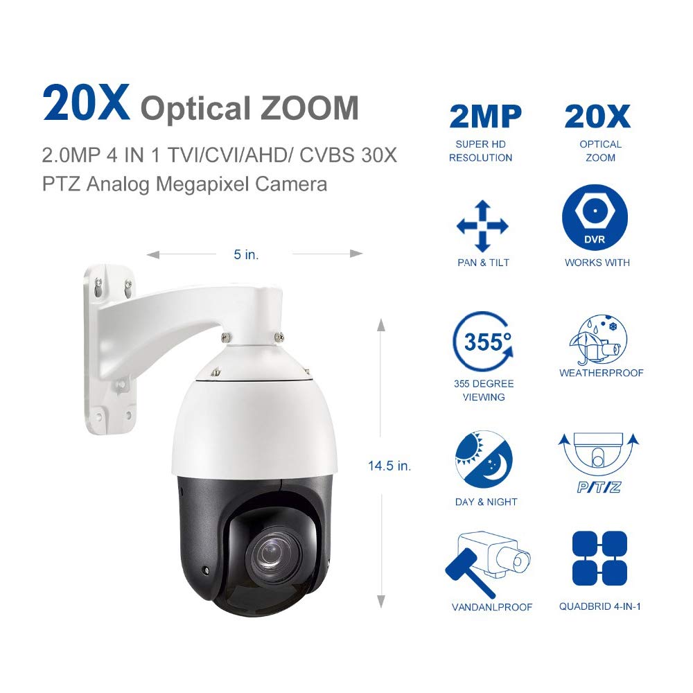 EVERSECU 2MP Auto-Cruise PTZ Security Camera 20X Optical Zoom HD 4-in-1 TVI/AHD/CVI/CVBS Video Surveillance- Pattern Scan, Waterproof, Night Vision, Coaxial Wired High Speed Dome CCTV Camera