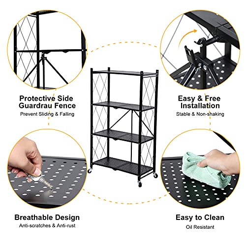 Simple Deluxe 4-Tier Heavy Duty Foldable Metal Rack Storage Shelving Unit with Wheels Moving Easily Organizer Shelves Great for Garage Kitchen Holds up to 1000 lbs Capacity, Black, 1-Pack