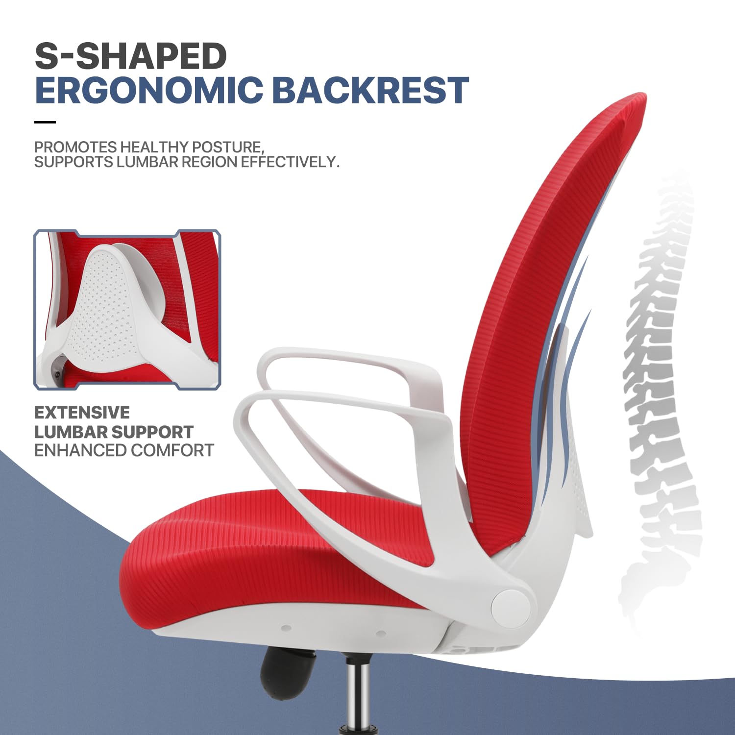 MoNiBloom Ergonomic Mesh Office Chair with Lumbar Support and Flip-up Arms, Home Office Height Adjustable Swivel Task Chair with Soft Seat and Ergonomic Backrest for Pain Back, 250 BLS, Red