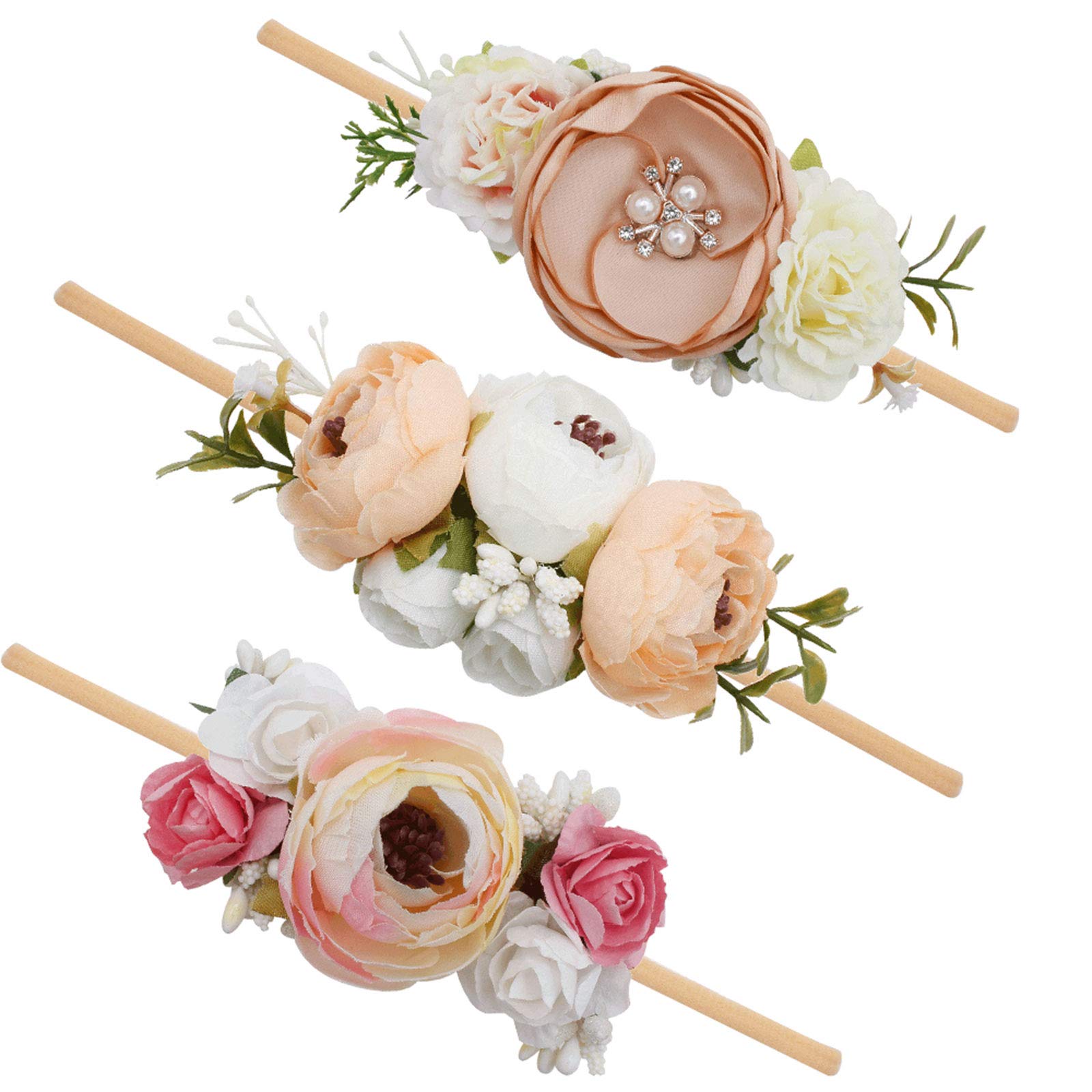 mligril Baby Girl Floral Headbands- 3pcs Nylon Headband Handmade Flower Crown Elastic Hairband Newborn Toddler Hair Accessories Gifts for Girls （1-6 years old）