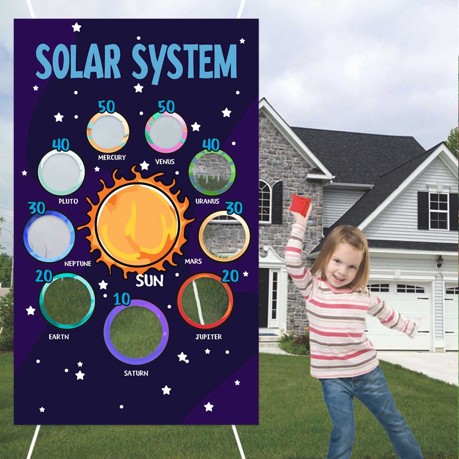 Solar System Science Toss Games Banner Backdrop Outer Space 9 Planets Universe Galaxy Theme Decor Decorations for Indoor Outdoor Boy Girl 1st Birthday Party Baby Shower Supplies Favors Background