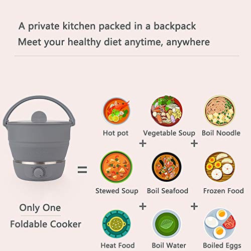 Drizzle Foldable Electrical Cooker Travel Pot - Dual Voltage 100V-240V Hot Pot Cooking - Food Grade Silicone Cookerware Boiling Water Steamer - Camping Office Hotel Noodle Porridge Soup