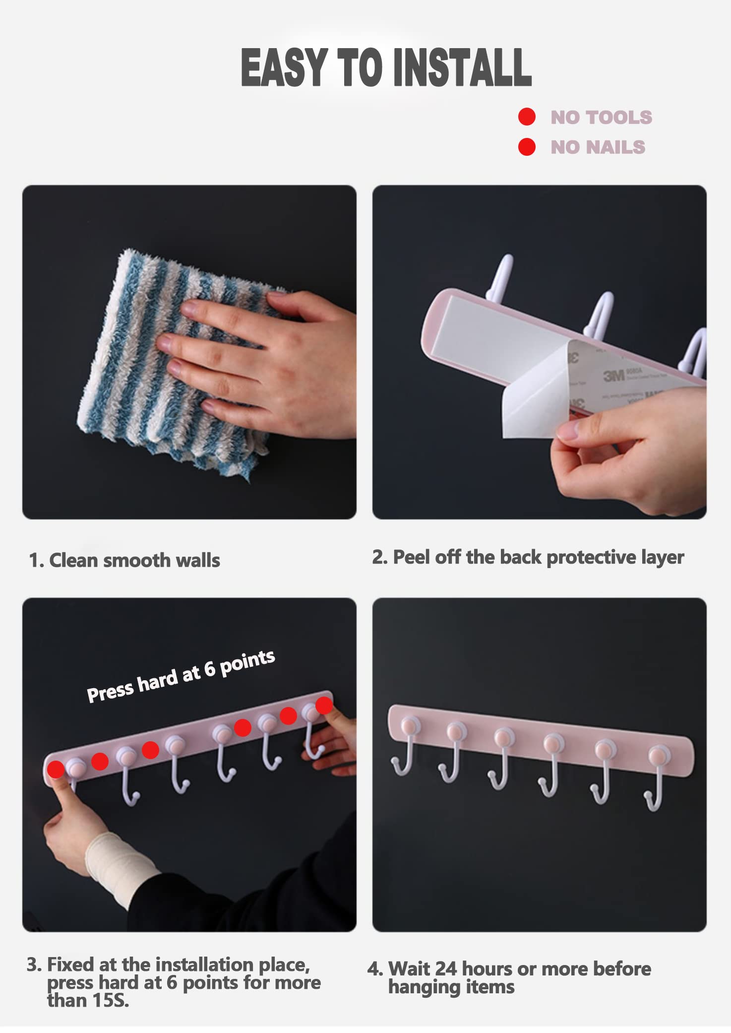 Adhesive Wall Hooks with 6 Rotating Hooks, Pink Rack Wall Hooks for Hats and Coats, Perfect for Hanging Kitchen Utensils and Towels in Kitchen and Kids Bedroom(1PACK)