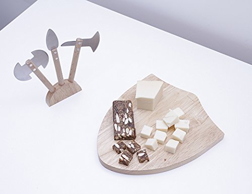 Kikkerland Medieval Wooden Charcuterie Cutlery Cheese Board Knight's Shield Party Serving Tray Set