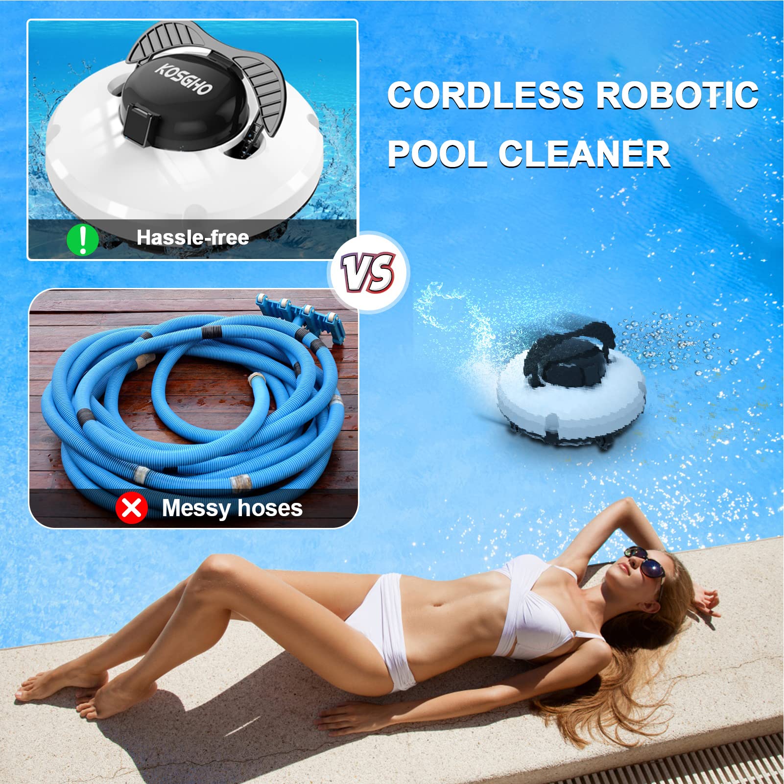 ADBEN Cordless Robotic Pool er Pool Vacuum with Dual Motors Self Parking for Flat Ground Pools
